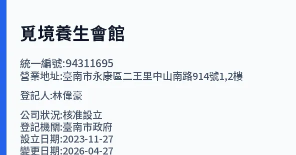 覓境養生會館的照片-統編 94311695(臺南市) 公司登記資料與營業項目詳細圖表