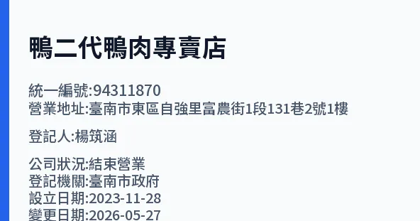 鴨二代鴨肉專賣店的照片-統編 94311870(臺南市) 公司登記資料與營業項目詳細圖表