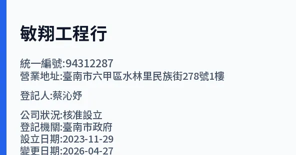 敏翔工程行的照片-統編 94312287(臺南市) 公司登記資料與營業項目詳細圖表