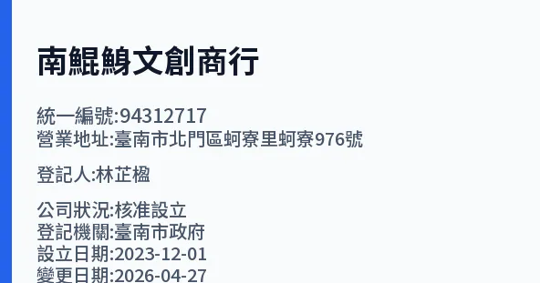 南鯤鯓文創商行的照片-統編 94312717(臺南市) 公司登記資料與營業項目詳細圖表