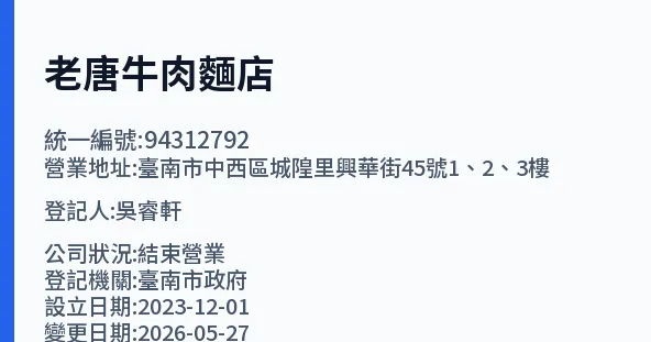 老唐牛肉麵店的照片-統編 94312792(臺南市) 公司登記資料與營業項目詳細圖表