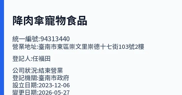 降肉傘寵物食品的照片-統編 94313440(臺南市) 公司登記資料與營業項目詳細圖表