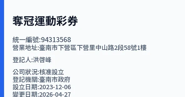 奪冠運動彩券的照片-統編 94313568(臺南市) 公司登記資料與營業項目詳細圖表