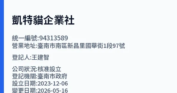 凱特貓企業社的照片-統編 94313589(臺南市) 公司登記資料與營業項目詳細圖表