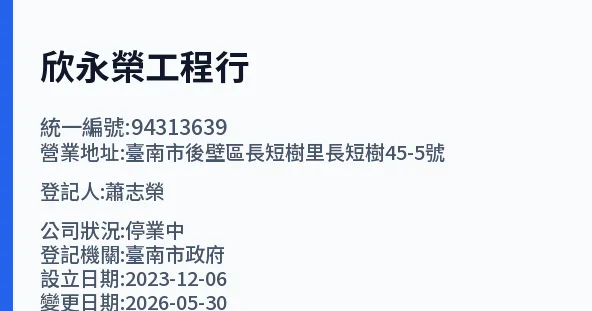 欣永榮工程行的照片-統編 94313639(臺南市) 公司登記資料與營業項目詳細圖表