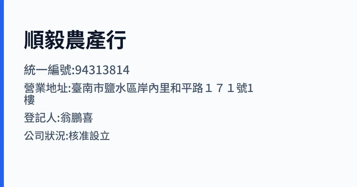 順毅農產行 - 統編 94313814(臺南市) 公司登記資料與營業項目詳細圖表