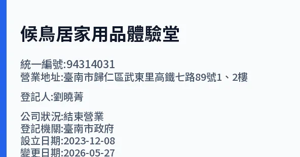候鳥居家用品體驗堂的照片-統編 94314031(臺南市) 公司登記資料與營業項目詳細圖表