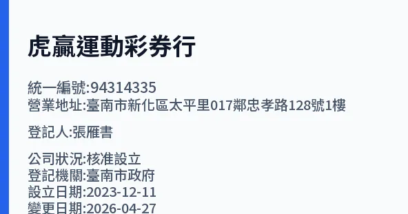 虎贏運動彩券行的照片-統編 94314335(臺南市) 公司登記資料與營業項目詳細圖表