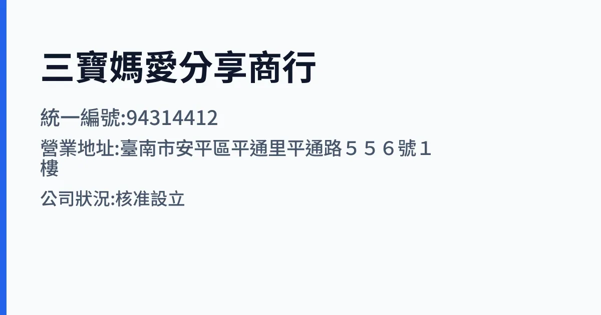 三寶媽愛分享商行 - 統編 94314412(臺南市) 公司登記資料與營業項目詳細圖表