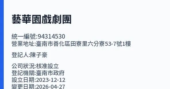 藝華園戲劇團的照片-統編 94314530(臺南市) 公司登記資料與營業項目詳細圖表