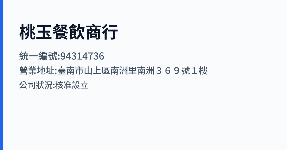 桃玉餐飲商行 - 統編 94314736(臺南市) 公司登記資料與營業項目詳細圖表