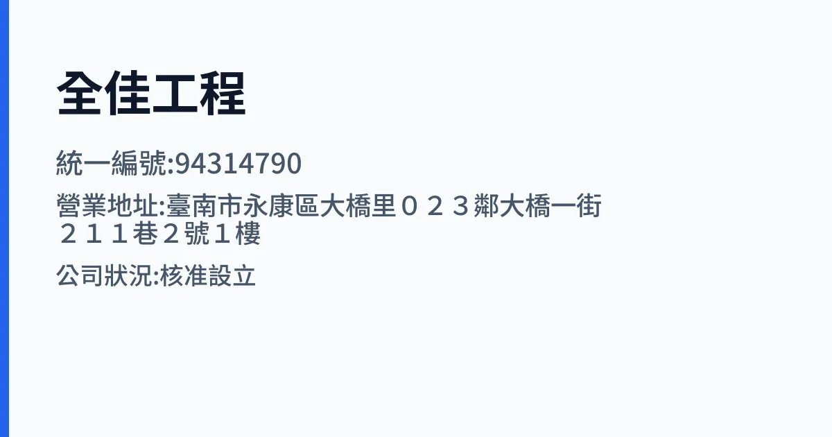 全佳工程 - 統編 94314790(臺南市) 公司登記資料與營業項目詳細圖表