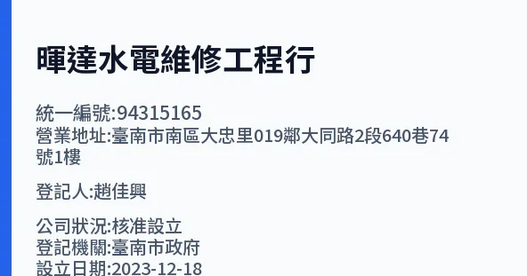 暉達水電維修工程行的照片-統編 94315165(臺南市) 公司登記資料與營業項目詳細圖表