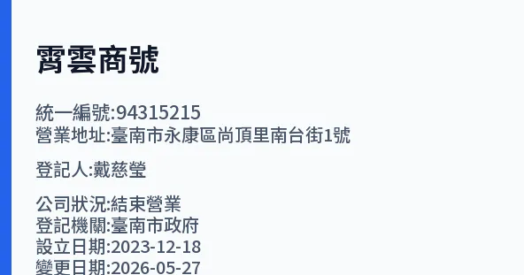 霄雲商號的照片-統編 94315215(臺南市) 公司登記資料與營業項目詳細圖表
