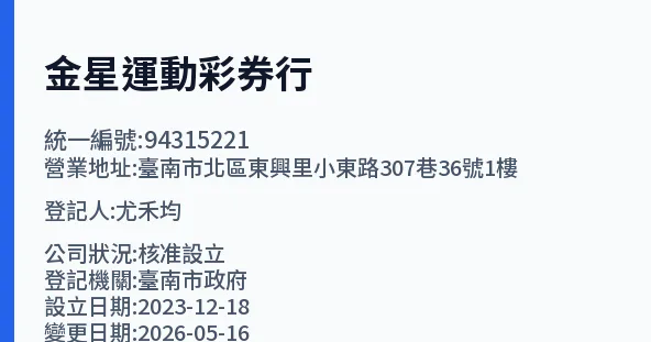 金星運動彩券行的照片-統編 94315221(臺南市) 公司登記資料與營業項目詳細圖表