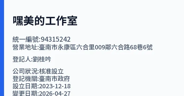 嘿美的工作室的照片-統編 94315242(臺南市) 公司登記資料與營業項目詳細圖表