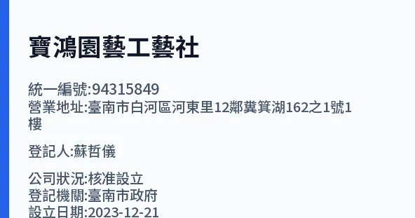 寶鴻園藝工藝社的照片-統編 94315849(臺南市) 公司登記資料與營業項目詳細圖表