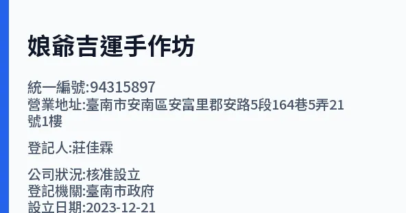 娘爺吉運手作坊的照片-統編 94315897(臺南市) 公司登記資料與營業項目詳細圖表