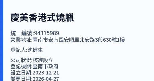 慶美香港式燒臘的照片-統編 94315989(臺南市) 公司登記資料與營業項目詳細圖表