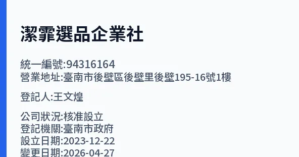潔霏選品企業社的照片-統編 94316164(臺南市) 公司登記資料與營業項目詳細圖表