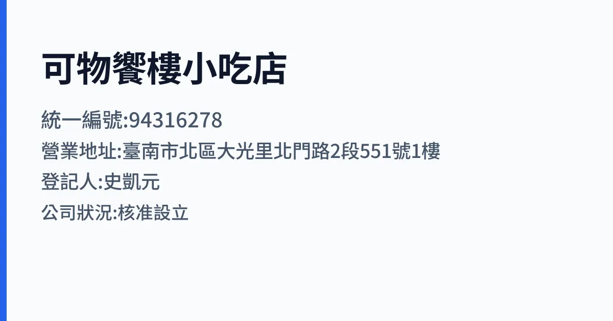 可物饗樓小吃店 - 統編 94316278(臺南市) 公司登記資料與營業項目詳細圖表