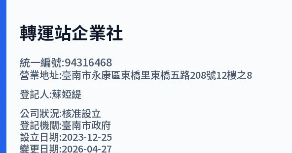 轉運站企業社的照片-統編 94316468(臺南市) 公司登記資料與營業項目詳細圖表