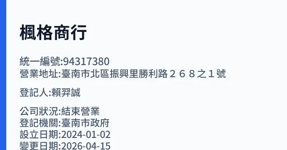 楓格商行的照片-統編 94317380(臺南市) 公司登記資料與營業項目詳細圖表