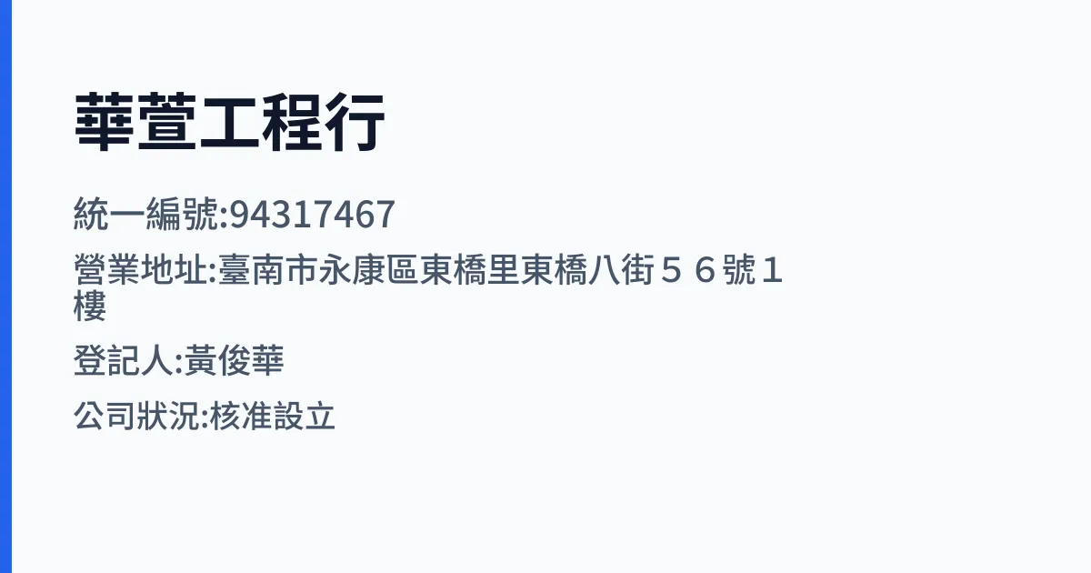 華萱工程行 - 統編 94317467(臺南市) 公司登記資料與營業項目詳細圖表