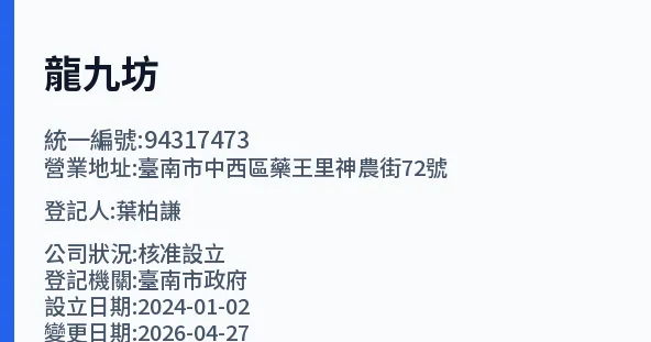 龍九坊的照片-統編 94317473(臺南市) 公司登記資料與營業項目詳細圖表