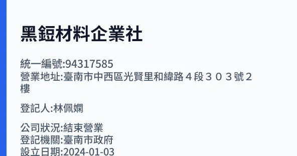 黑鋀材料企業社的照片-統編 94317585(臺南市) 公司登記資料與營業項目詳細圖表