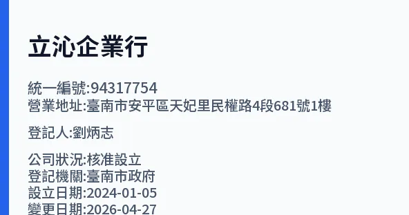 立沁企業行的照片-統編 94317754(臺南市) 公司登記資料與營業項目詳細圖表