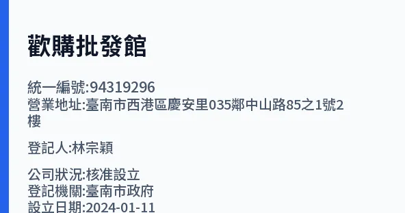 歡購批發館的照片-統編 94319296(臺南市) 公司登記資料與營業項目詳細圖表