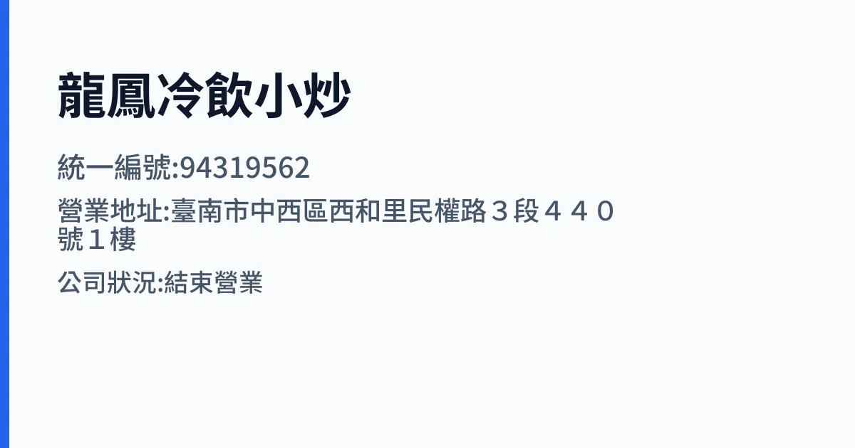 龍鳳冷飲小炒 - 統編 94319562（臺南市） 公司登記資料與營業項目詳細圖表