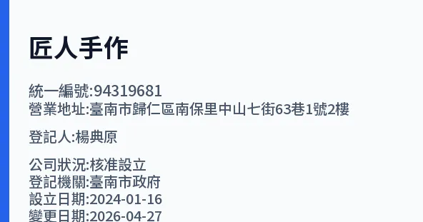 匠人手作的照片-統編 94319681(臺南市) 公司登記資料與營業項目詳細圖表