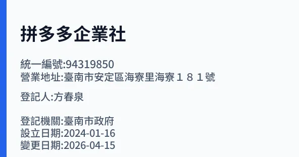 拼多多企業社的照片-統編 94319850(臺南市) 公司登記資料與營業項目詳細圖表