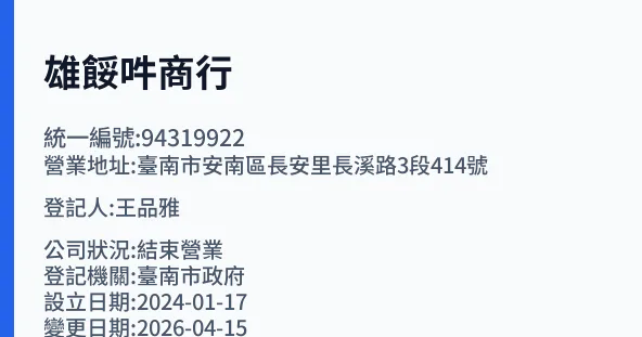 雄餒吽商行的照片-統編 94319922(臺南市) 公司登記資料與營業項目詳細圖表