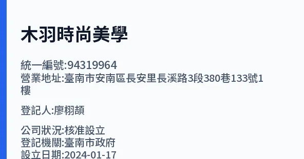木羽時尚美學的照片-統編 94319964(臺南市) 公司登記資料與營業項目詳細圖表