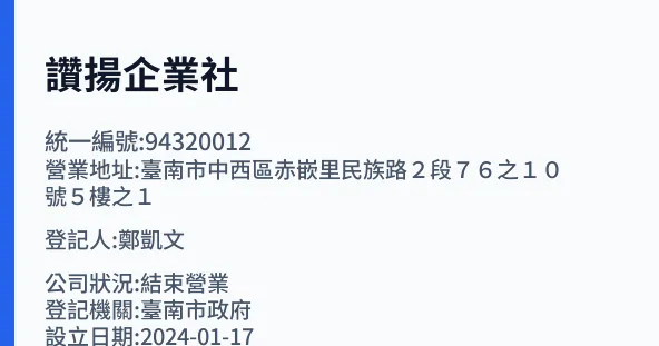 讚揚企業社的照片-統編 94320012(臺南市) 公司登記資料與營業項目詳細圖表