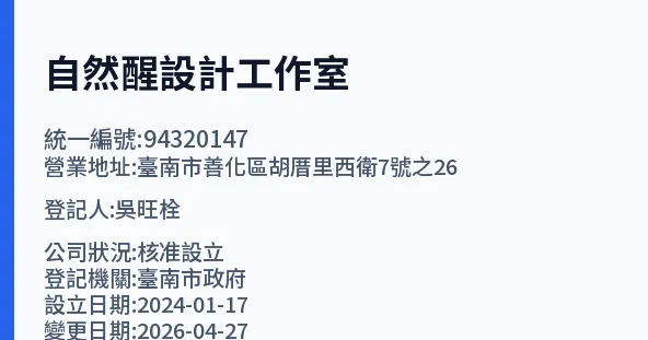自然醒設計工作室的照片-統編 94320147(臺南市) 公司登記資料與營業項目詳細圖表