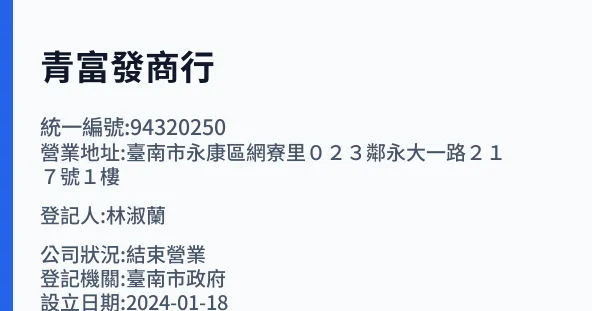 青富發商行的照片-統編 94320250(臺南市) 公司登記資料與營業項目詳細圖表