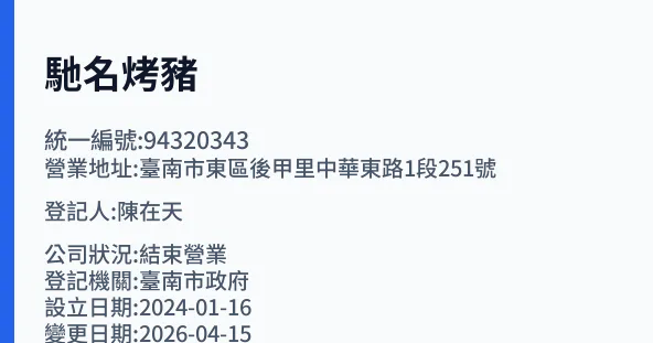 馳名烤豬的照片-統編 94320343(臺南市) 公司登記資料與營業項目詳細圖表