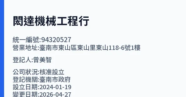 閎達機械工程行的照片-統編 94320527(臺南市) 公司登記資料與營業項目詳細圖表
