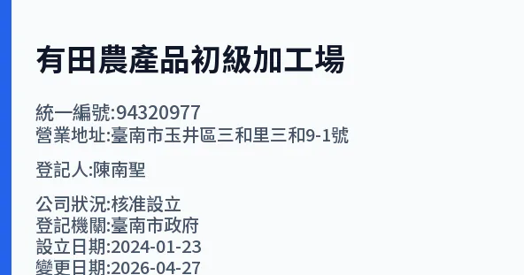 有田農產品初級加工場的照片-統編 94320977(臺南市) 公司登記資料與營業項目詳細圖表