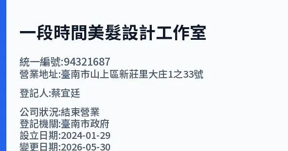 一段時間美髮設計工作室的照片-統編 94321687(臺南市) 公司登記資料與營業項目詳細圖表