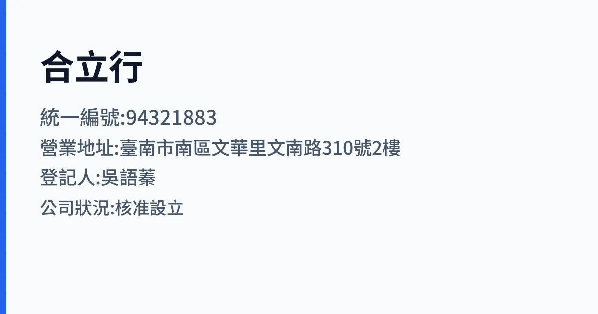 合立行 - 統編 94321883(臺南市) 公司登記資料與營業項目詳細圖表