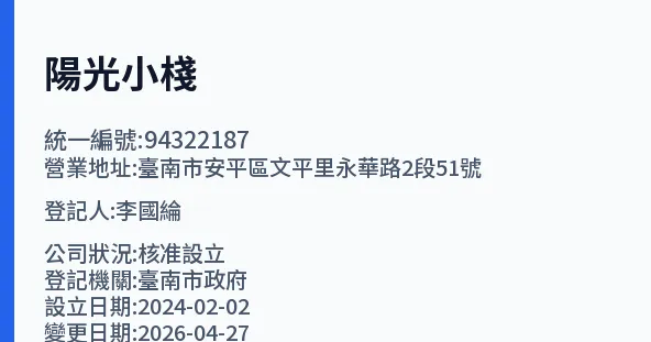 陽光小棧的照片-統編 94322187(臺南市) 公司登記資料與營業項目詳細圖表