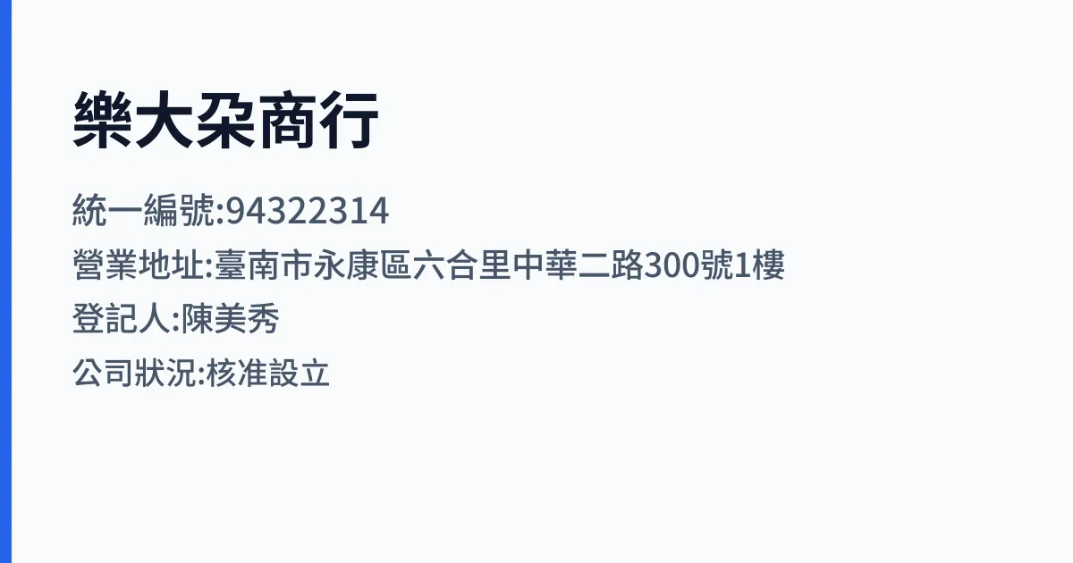 樂大朶商行 - 統編 94322314(臺南市) 公司登記資料與營業項目詳細圖表