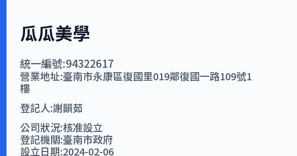 瓜瓜美學的照片-統編 94322617(臺南市) 公司登記資料與營業項目詳細圖表