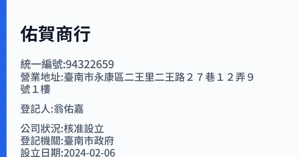 佑賀商行的照片-統編 94322659(臺南市) 公司登記資料與營業項目詳細圖表
