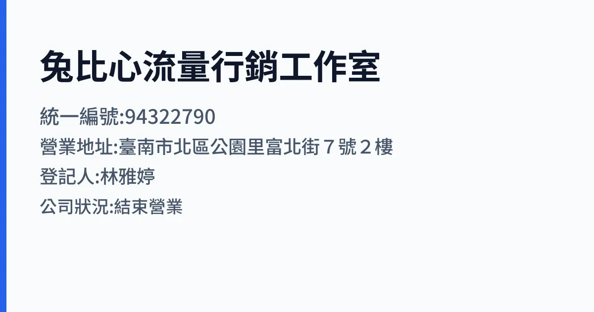 兔比心流量行銷工作室 - 統編 94322790(臺南市) 公司登記資料與營業項目詳細圖表